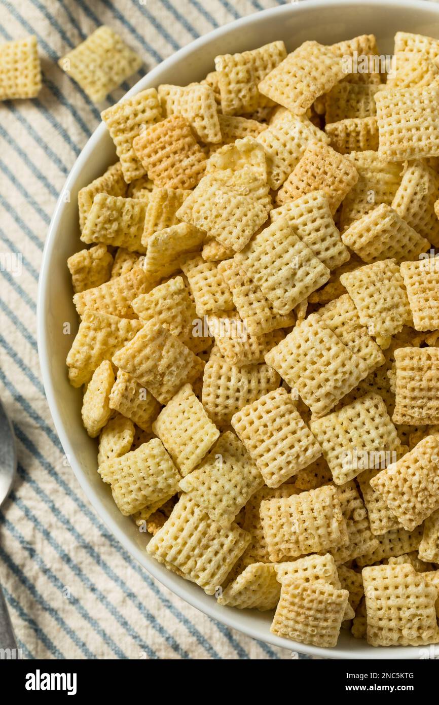 Homemade Puffed Square Rice Cereal for Breakfast in a Bowl Stock Photo ...