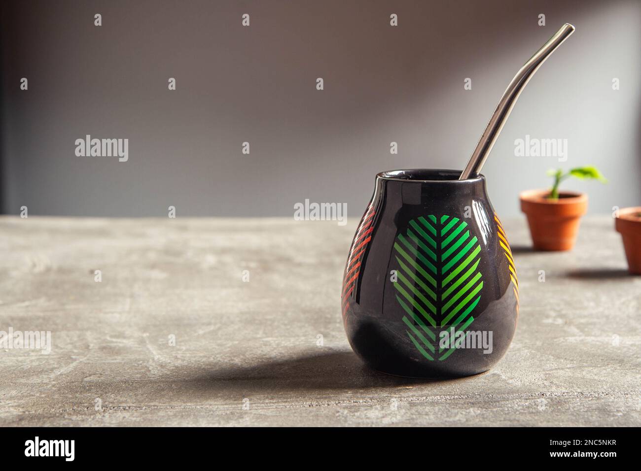 pretty shiny ceramic yerba mate cup, with green leaf design and metal ...