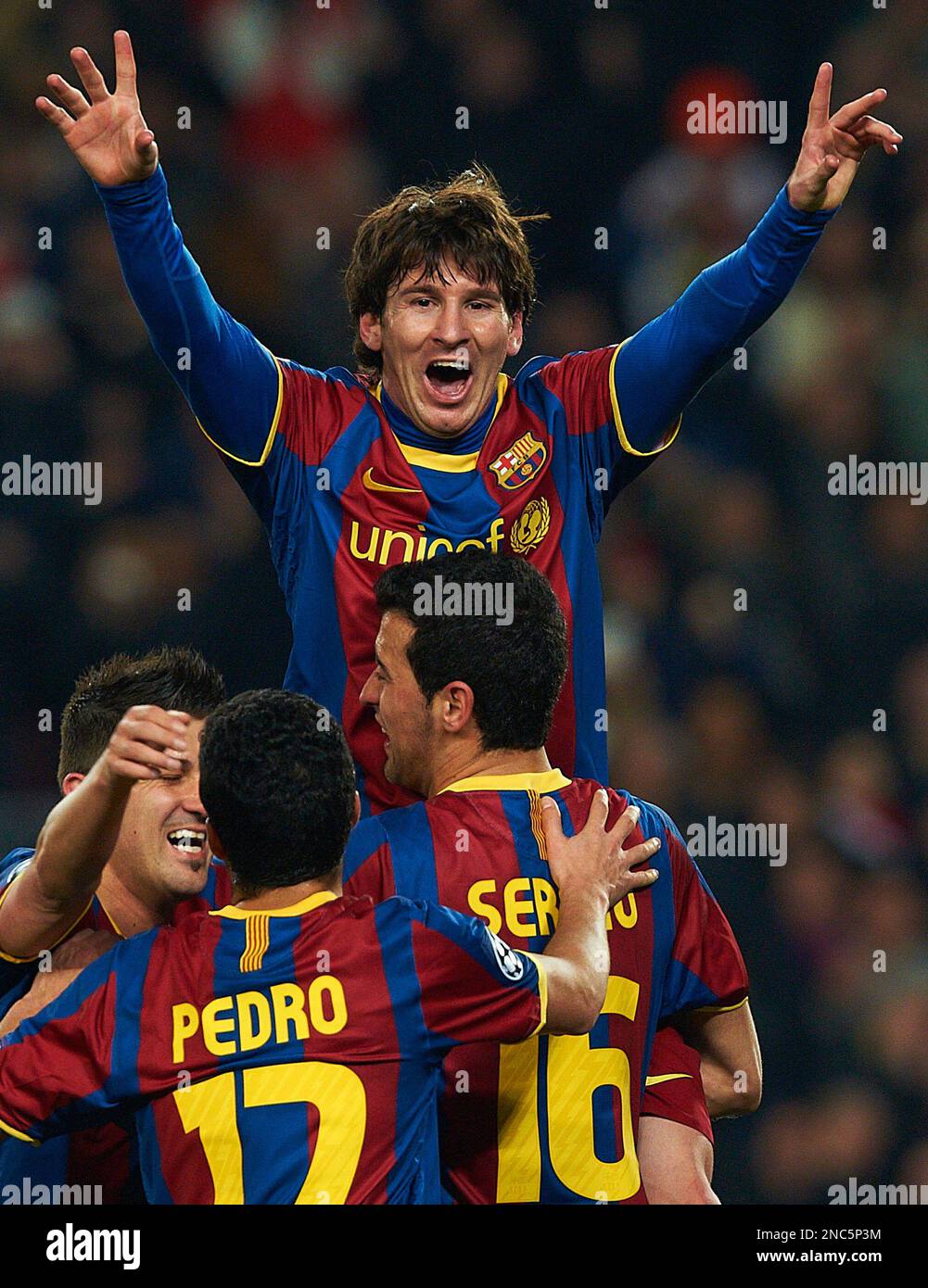 FC Barcelona's Lionel Messi of Argentina, top celebrates after scoring ...