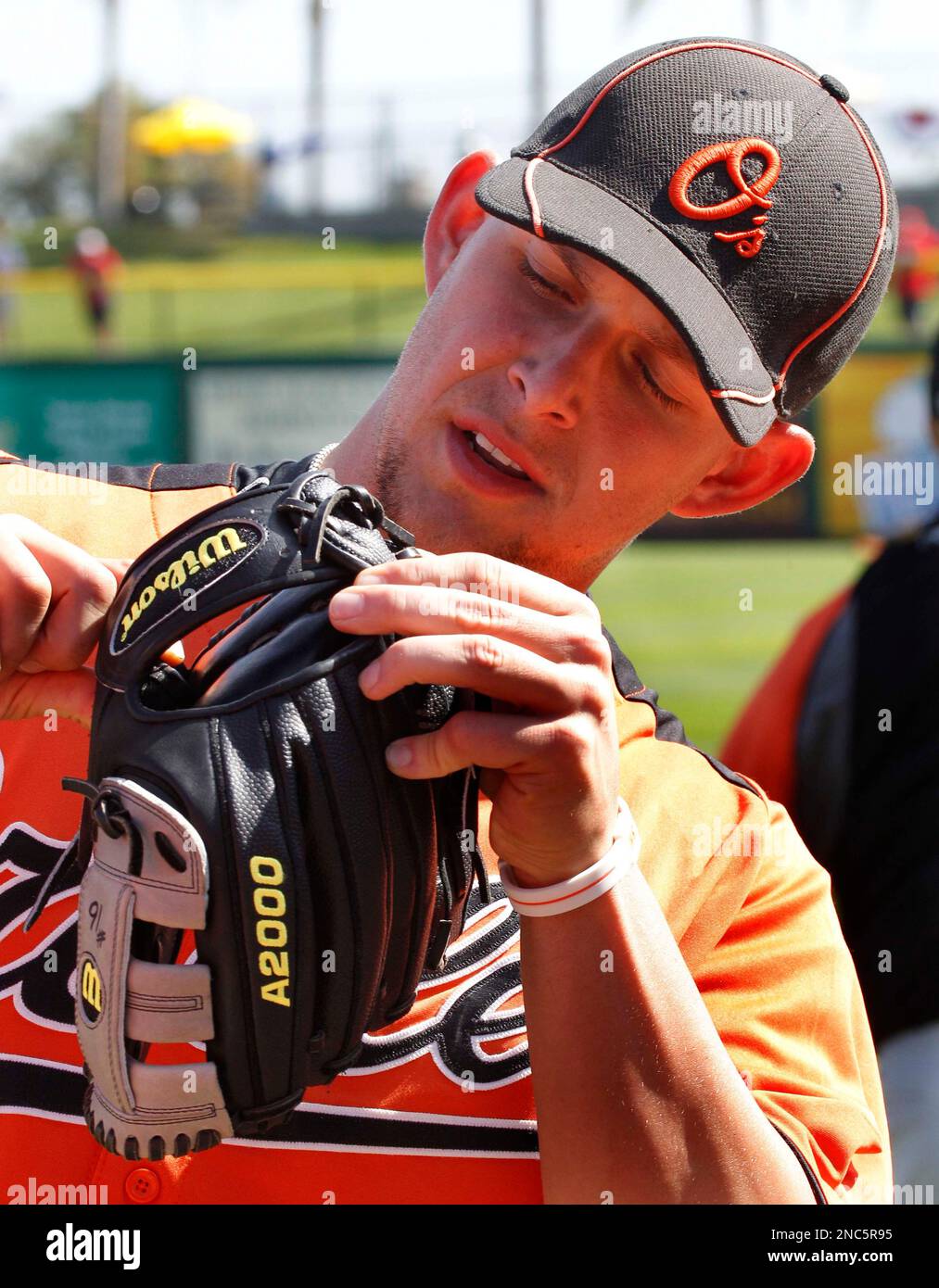 Baltimore Orioles first baseman Brandon Snyder looks for the model ...
