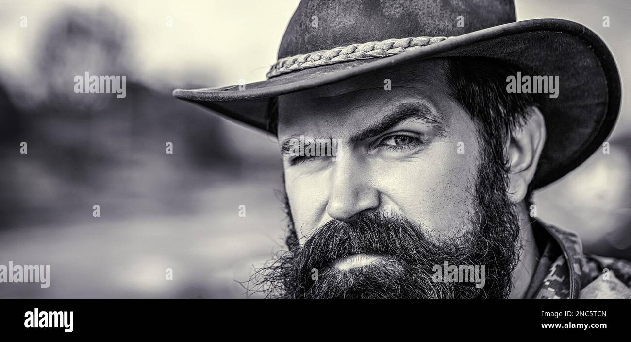 Cowboys in hat. Handsome bearded macho. Man unshaven cowboys. American ...