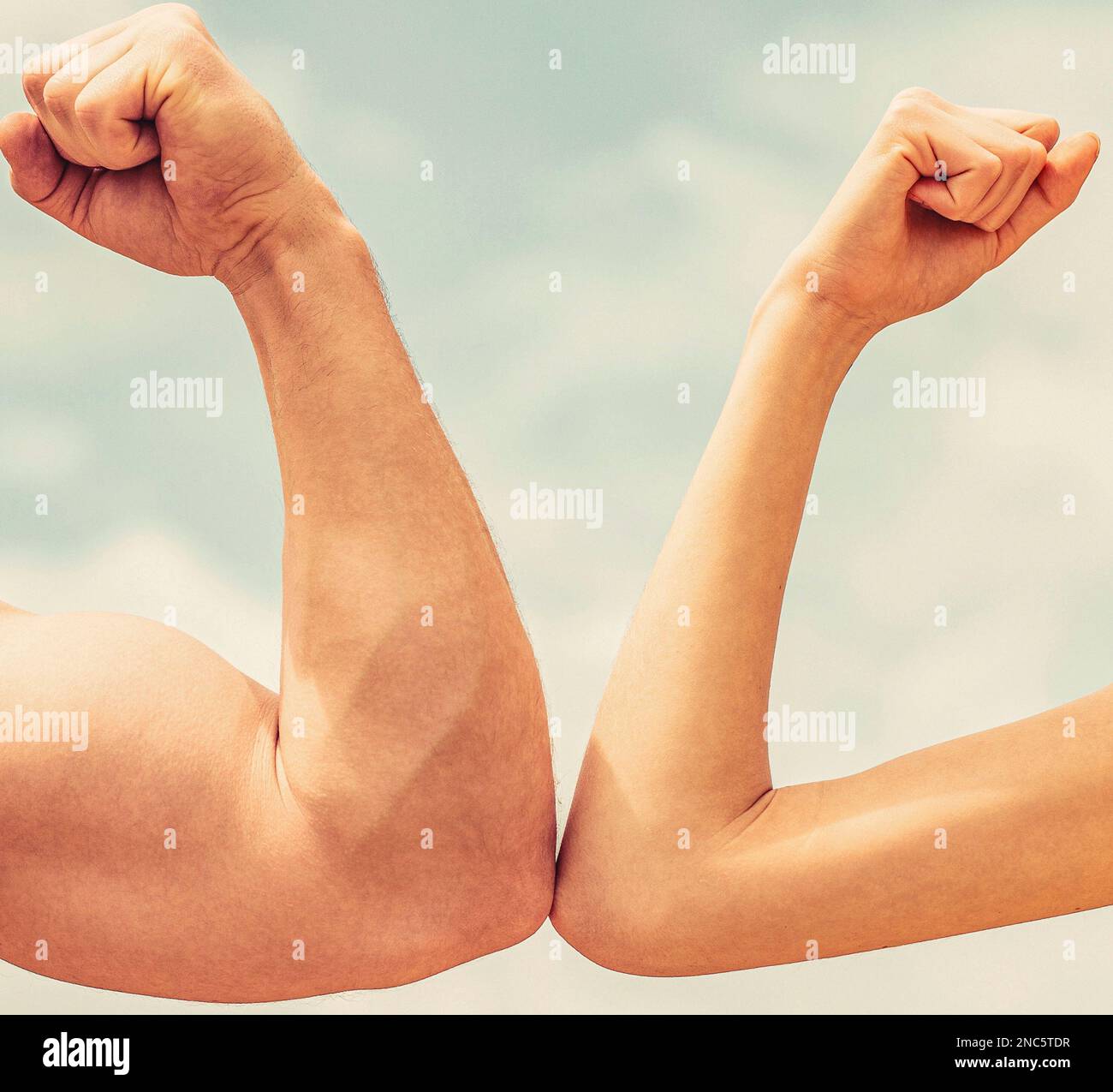 Sporty man and woman. Muscular arm vs weak hand. Vs, fight hard ...