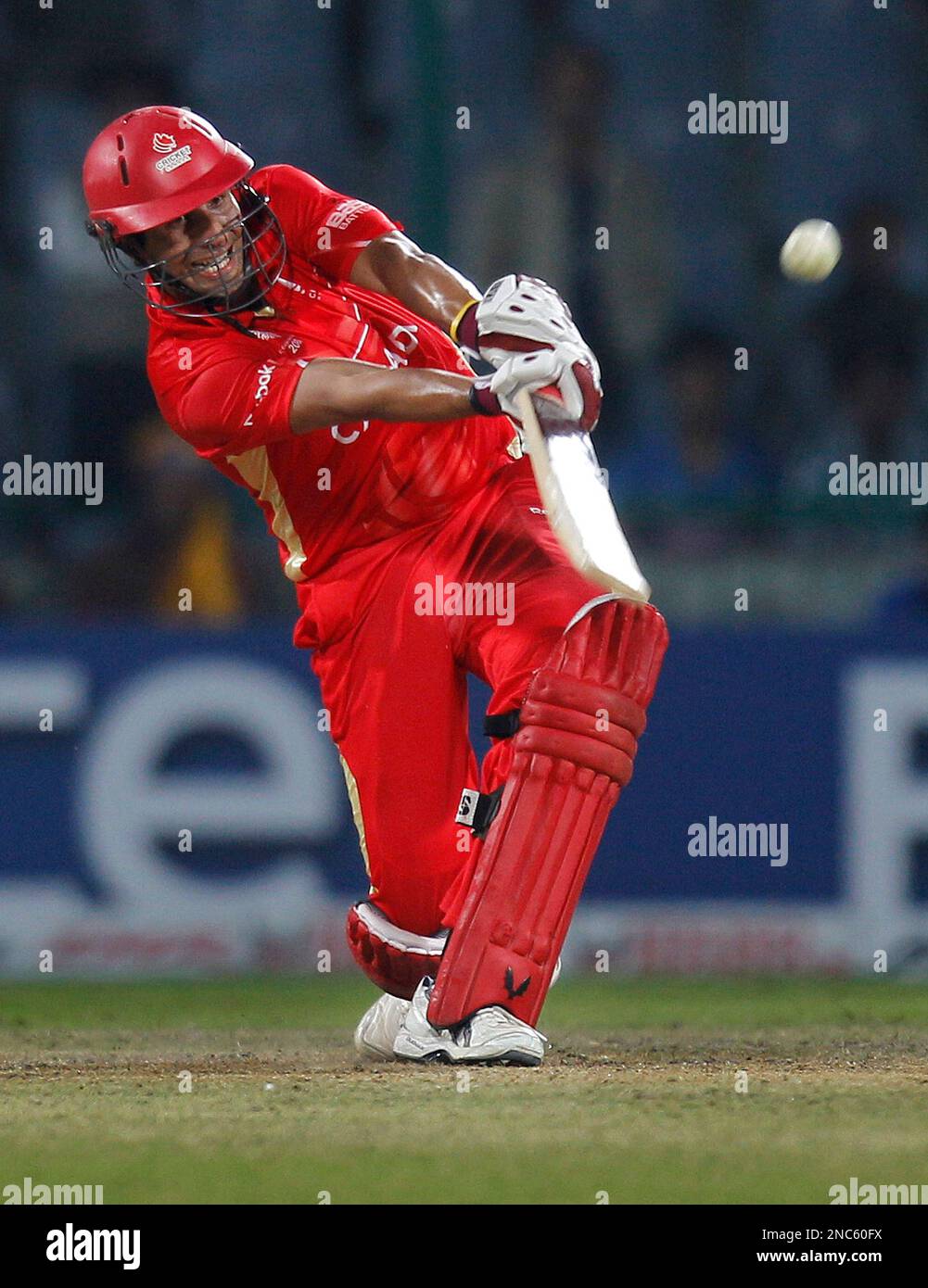 Canadian cricketer Jimmy Hansra hits a six during a cricket world cup ...