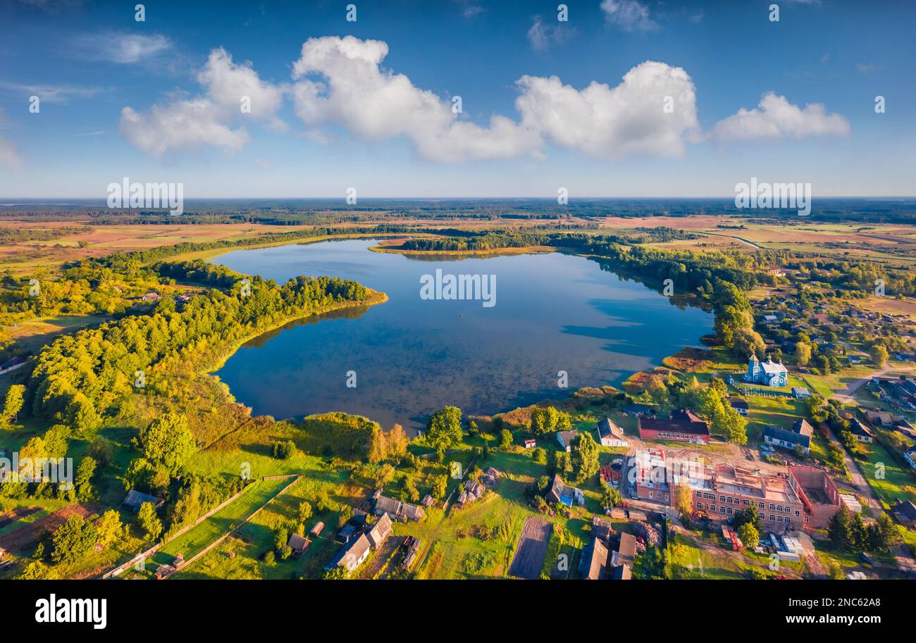 Aerial landscape photography. Stunning morning view from flying drone ...