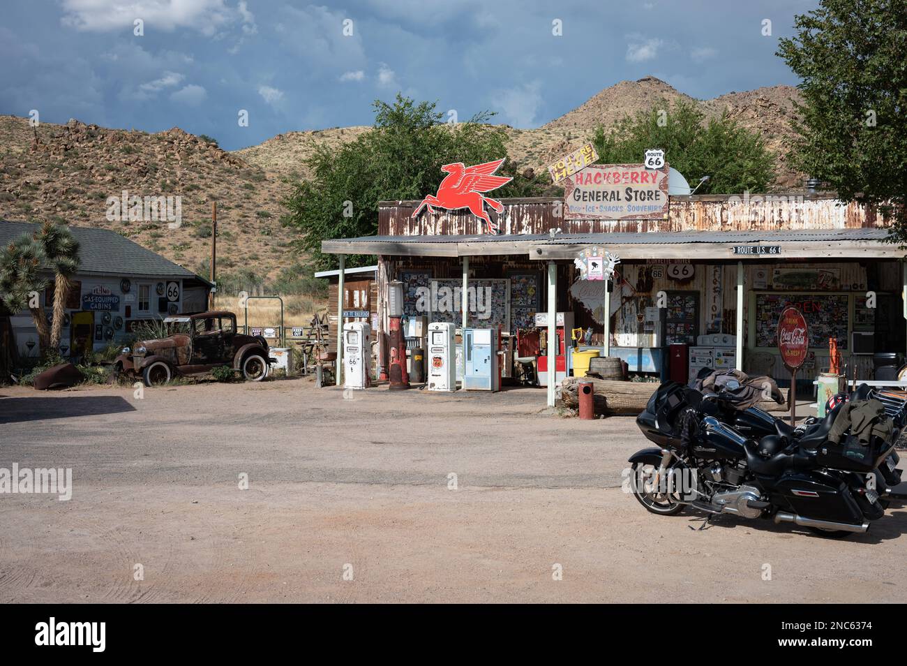 An old gas station and store on the American road passes through route ...