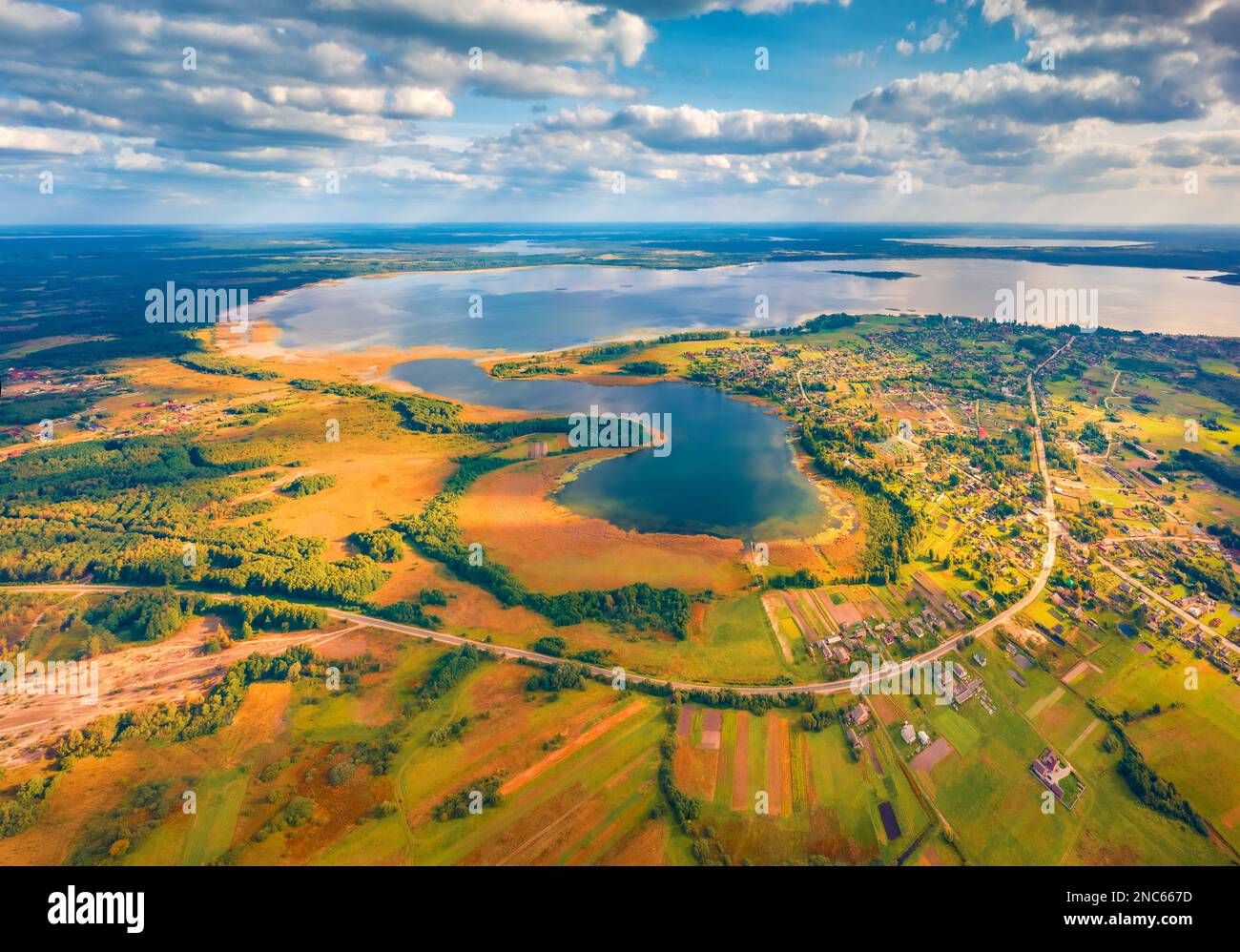 Breathtaking summer view from flying drone of Svityaz Lake. Fabulous ...
