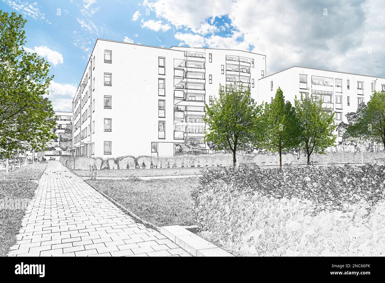 Drawing sketch of a residential area with modern apartment buildings ...