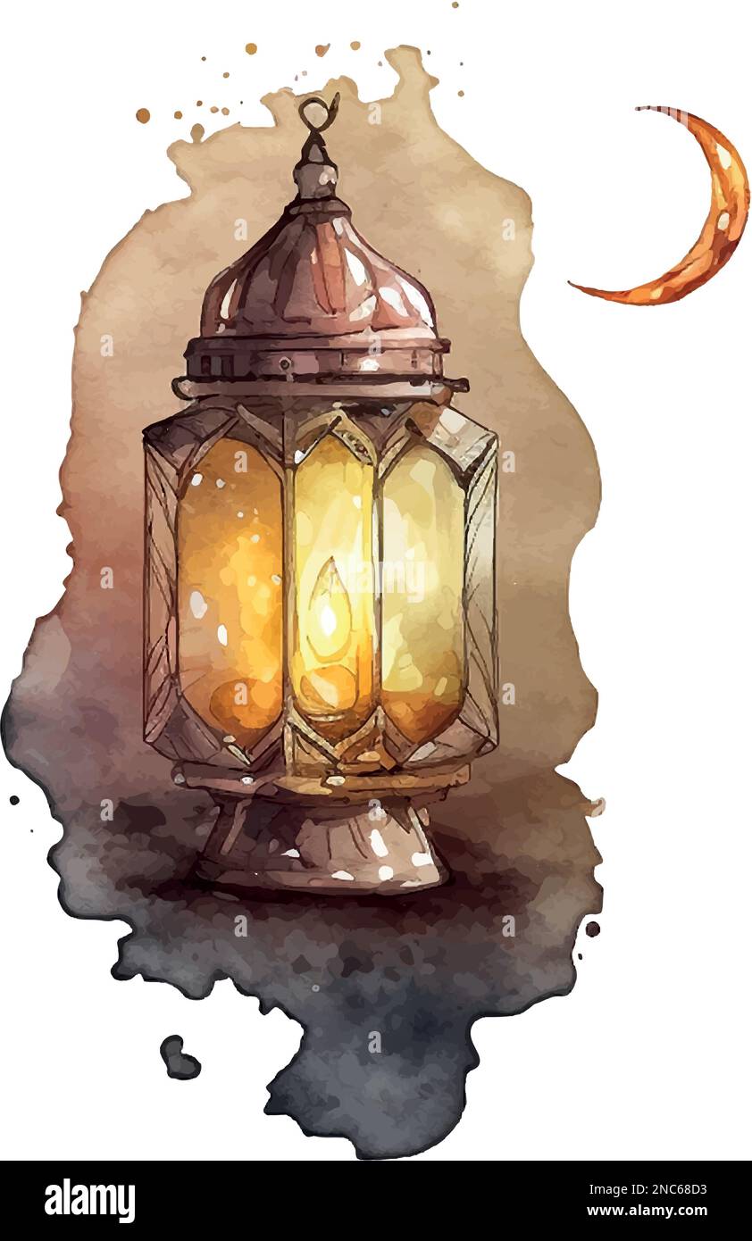 islamic lantern watercolor illustration with golden metal material ...