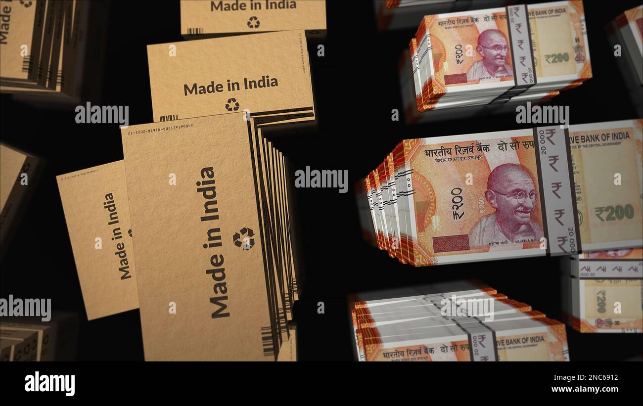 Made in India box line with India Rupee money bundle stacks. Export ...