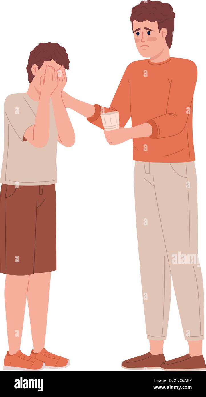 Worried father comforting son with glass of water semi flat color ...