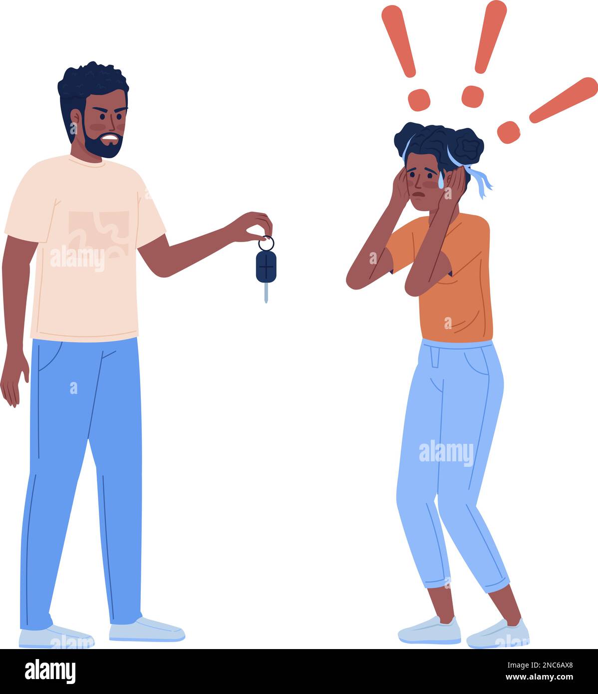 Angry Father With Car Key And Panicked Daughter Semi Flat Color Vector