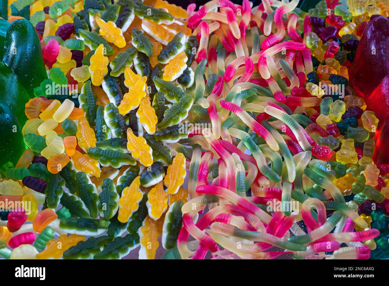 Flat top view of multi colored chewing jelly marmalade. Mix of gummy ...