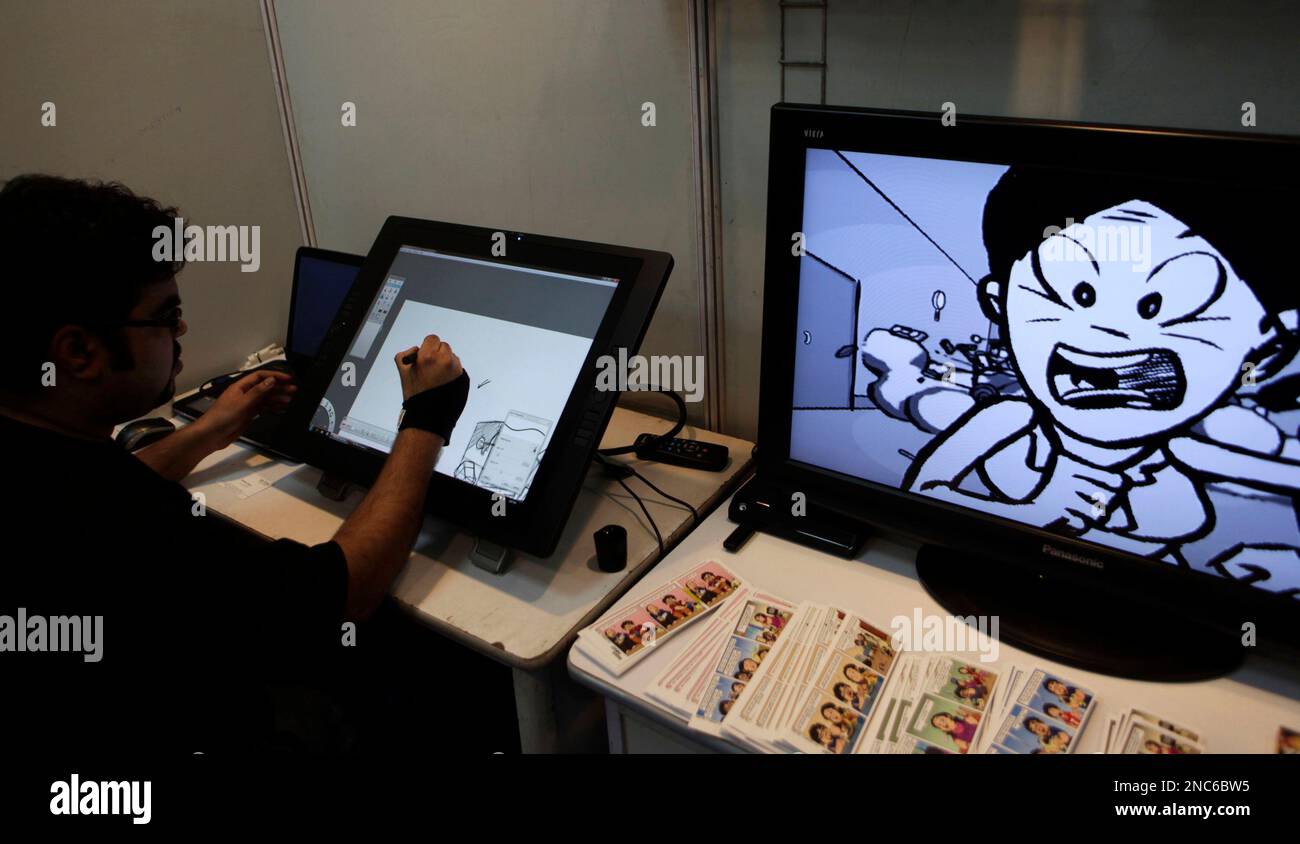 In this Saturday, Feb. 19, 2011 photo, a cartoonist draws on a high ...