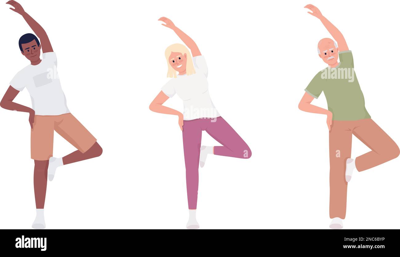 People stretching arms and legs semi flat color vector characters set ...
