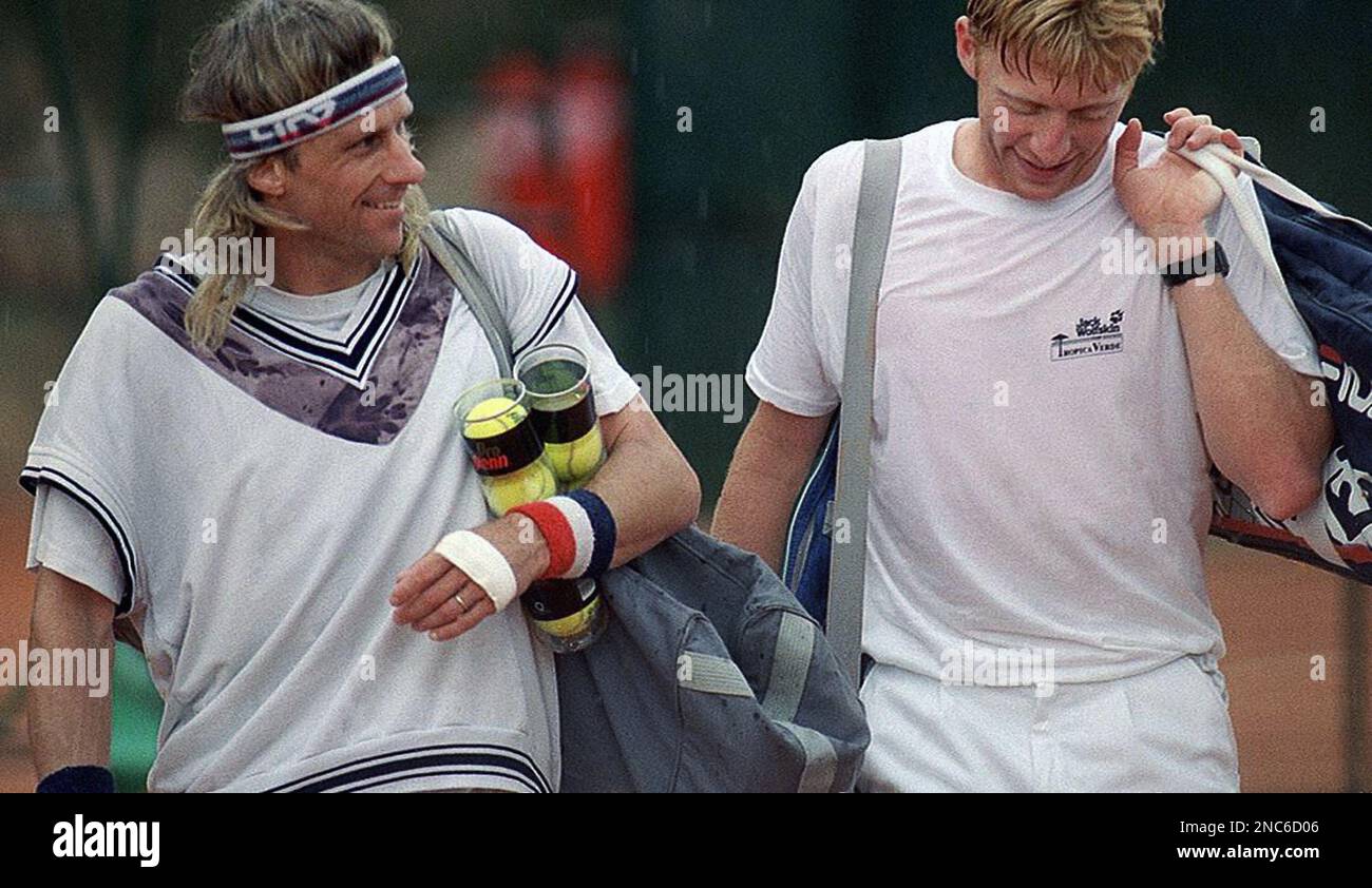 Bjorn Borg and Boris Becker at the Monte Carlo Tennis Open in Monaco on ...