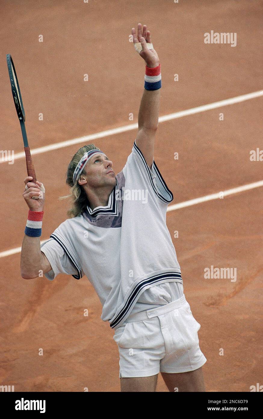 Bjorn Borg practices his serve at the Monte Carlo Tennis Open in Monaco ...