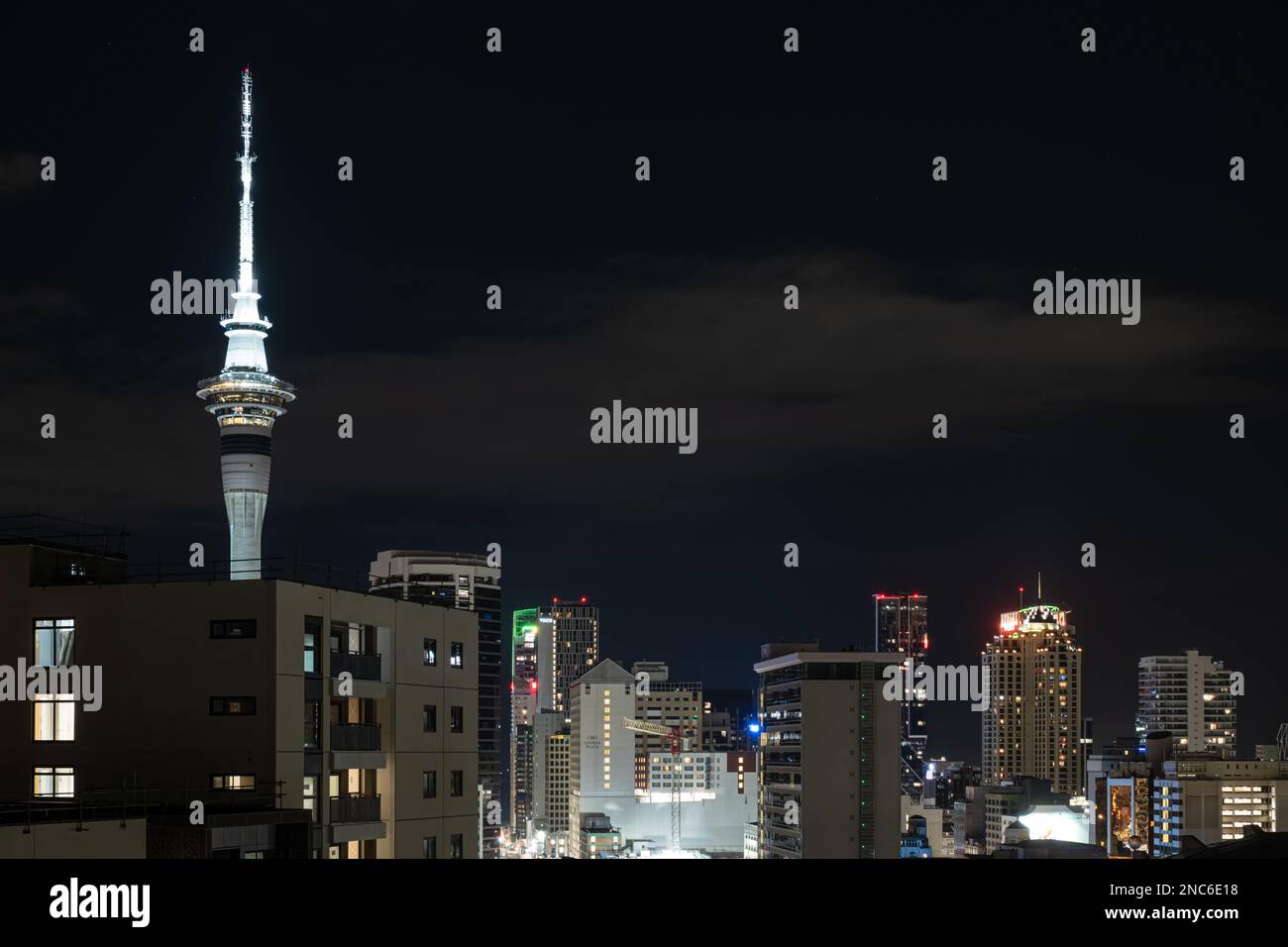 Auckland, New Zealand - December 26th 2022: The Sky Tower lights up the ...