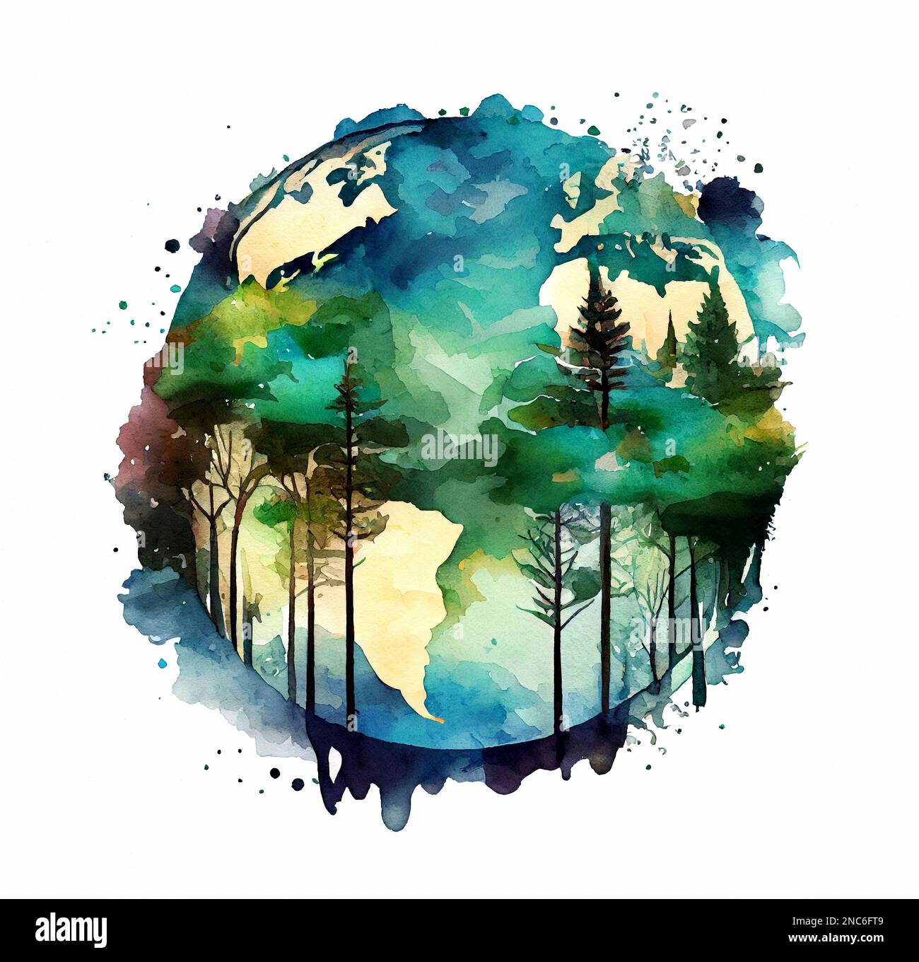 Planet earth and nature,trees abstract watercolor illustration hand ...