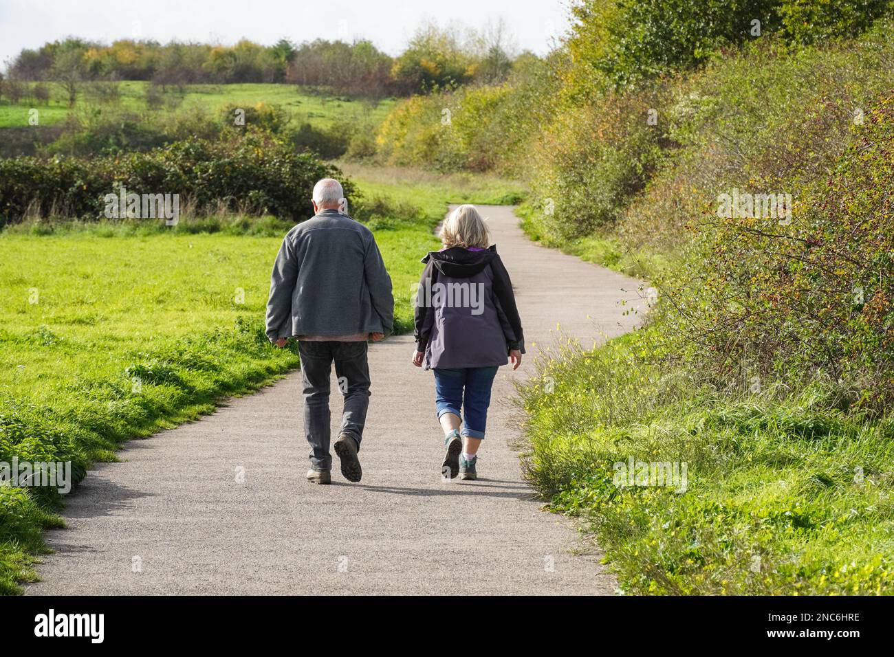 Senior couple walking in a park in autumn, Essex England United Kingdom ...