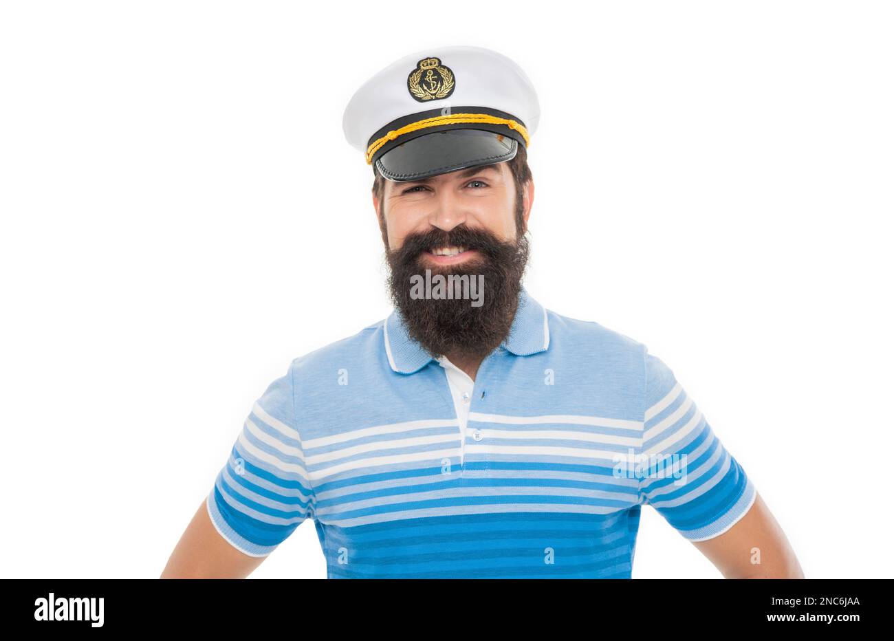 Happy man portrait. Bearded man smiling in captain hat. Man sailor face ...
