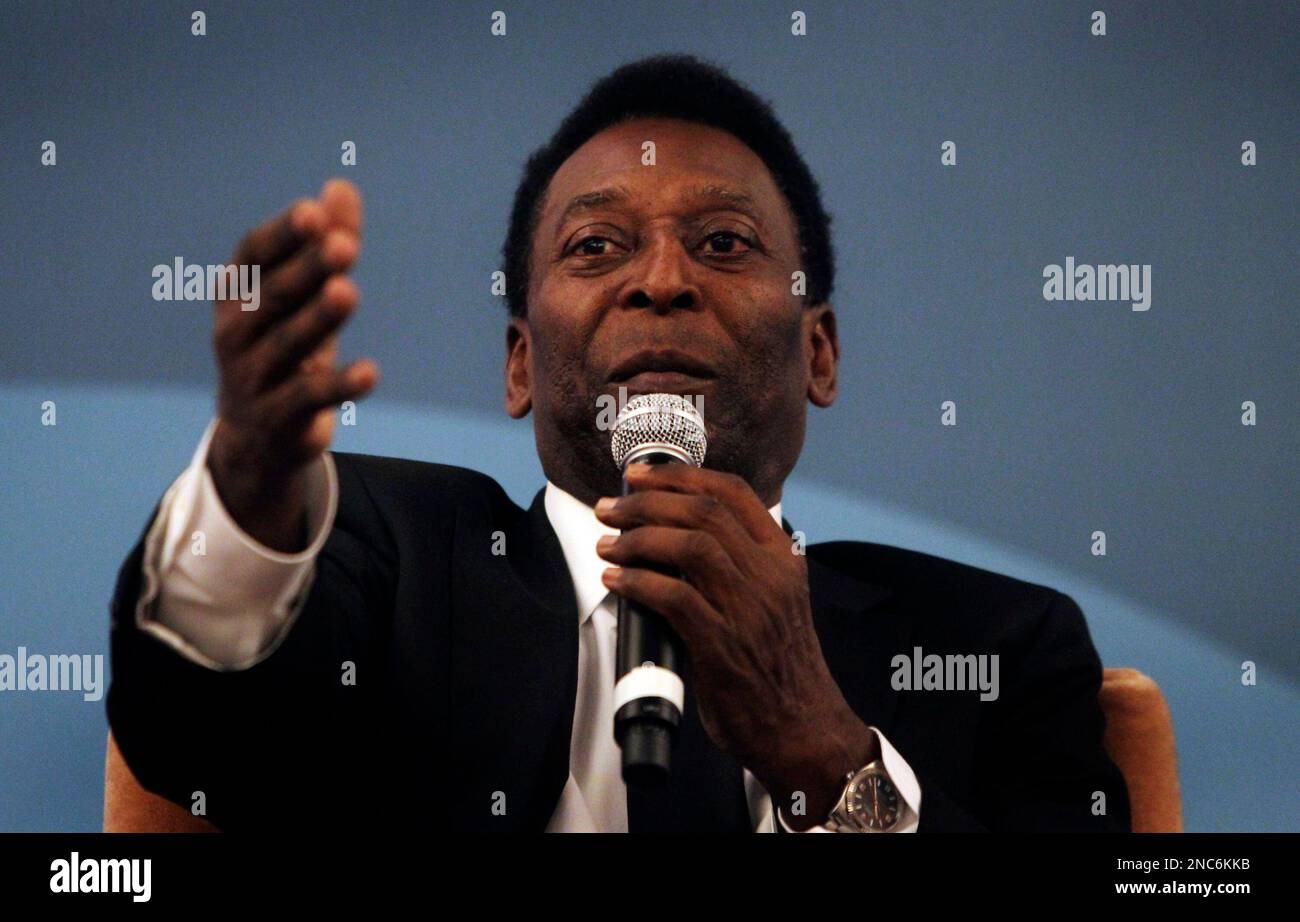 Brazil's soccer star Pele speaks during a press conference on Thursday ...