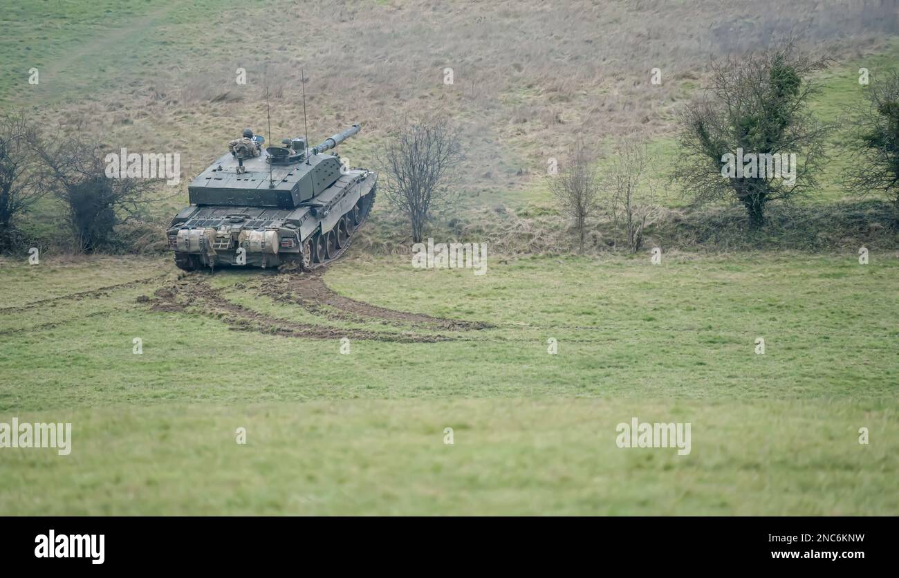 British army FV4034 Challenger 2 ii main battle tank moving across a ...