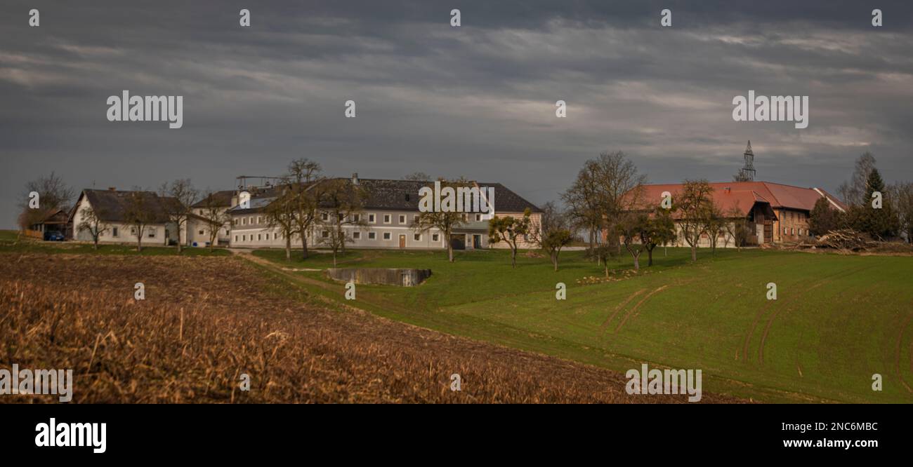 Farms and fields near Bad Hall town in cold winter without snow Stock ...