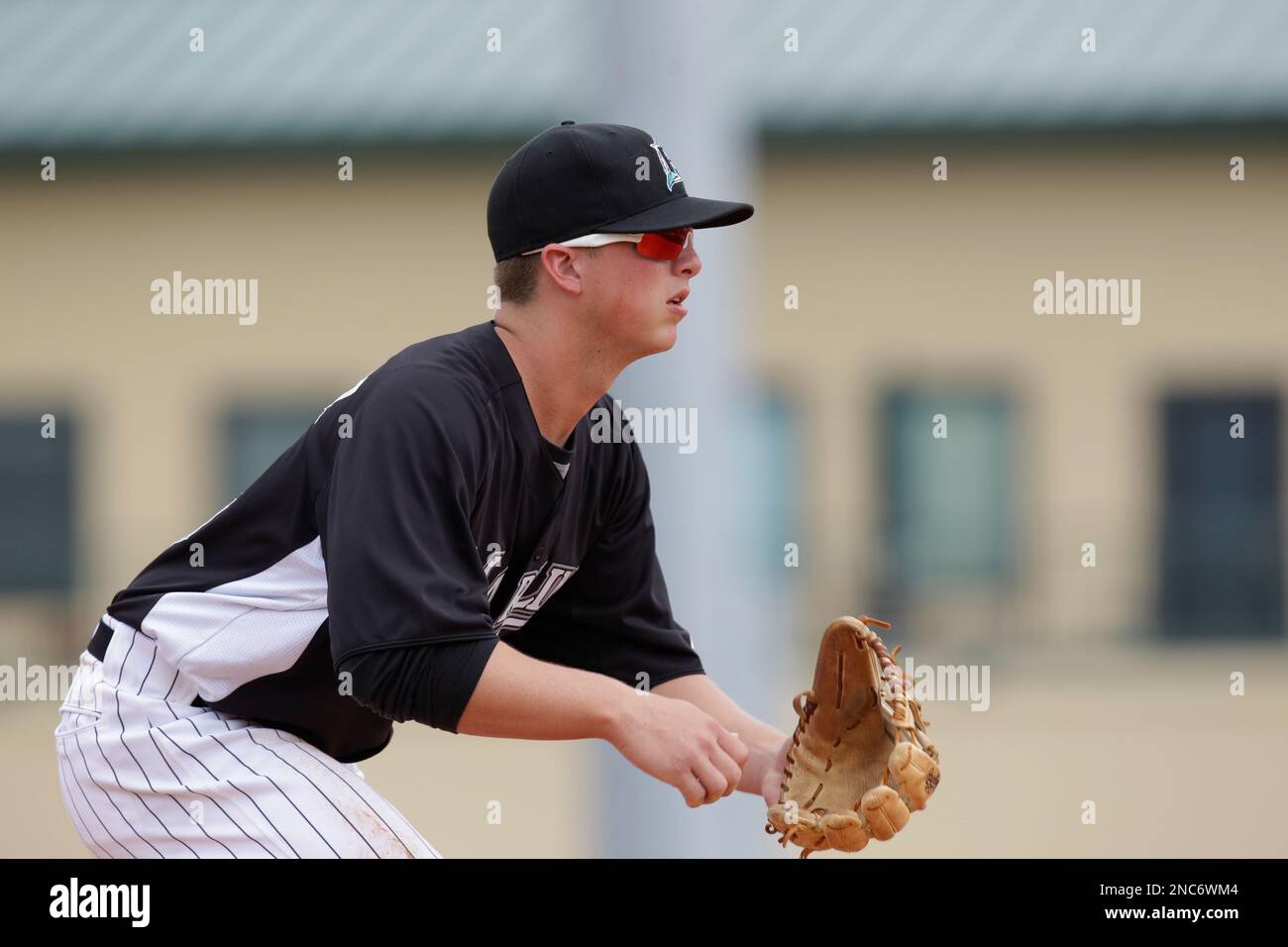 Florida Marlins infielder Matt Dominguez takes up his position during a ...