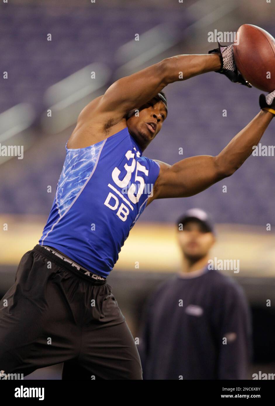 UCLA defensive back Rahim Moore runs a drill at the NFL football ...