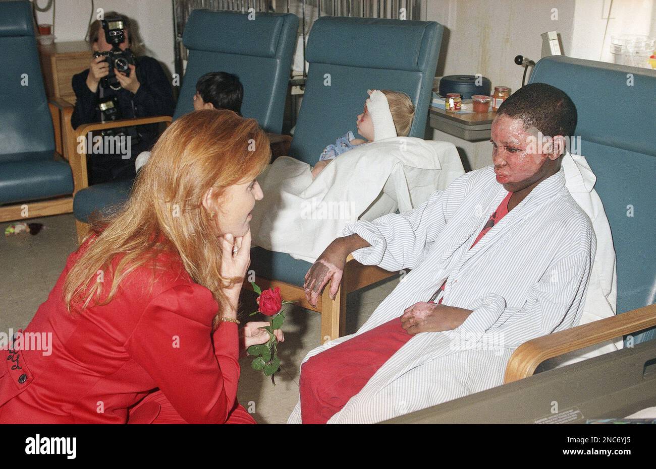 Burn patient Lander Jones receives a visit from Sarah Ferguson, the ...