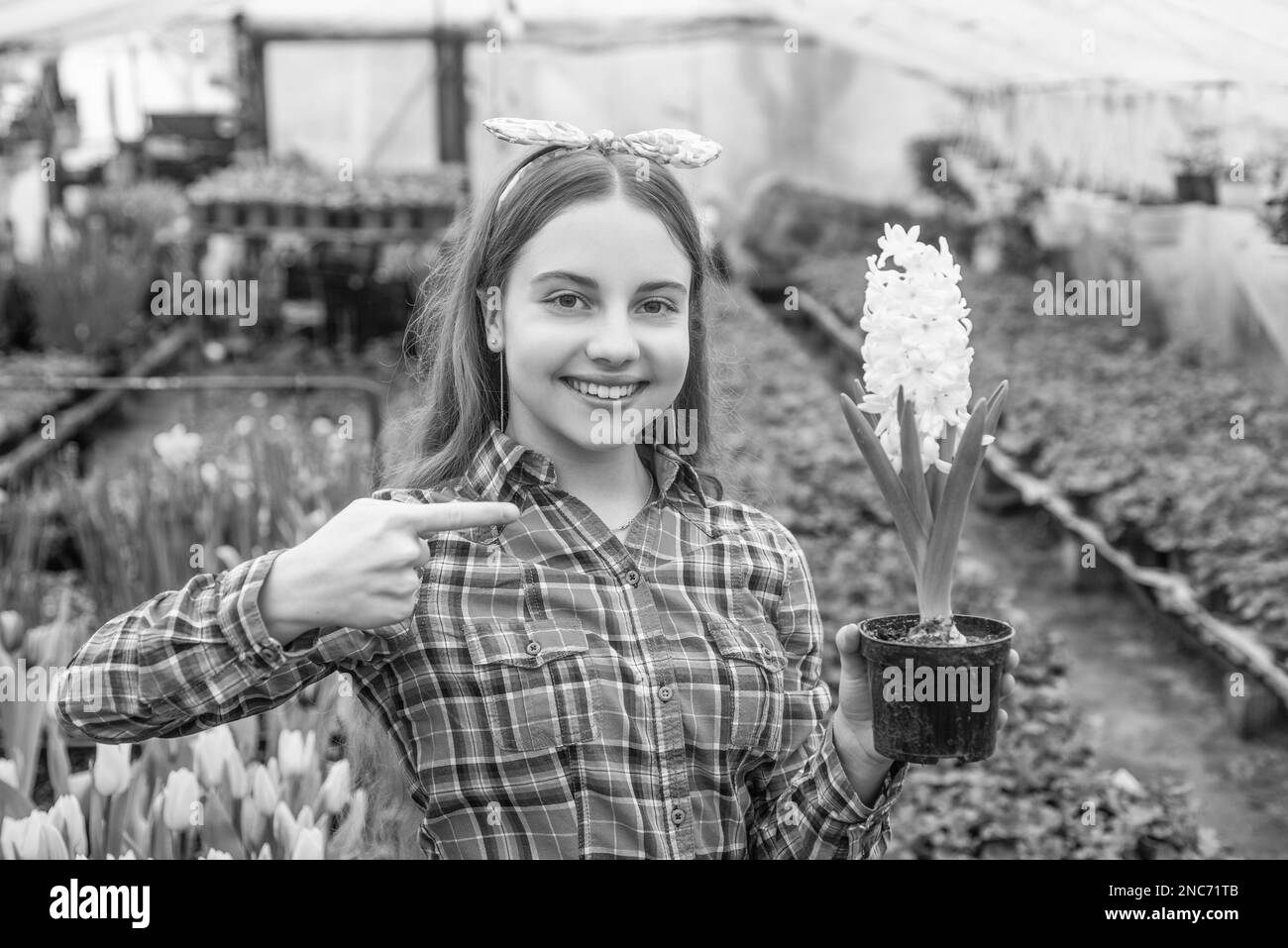 spring and summer. pointing finger on potted plants. child gardener ...