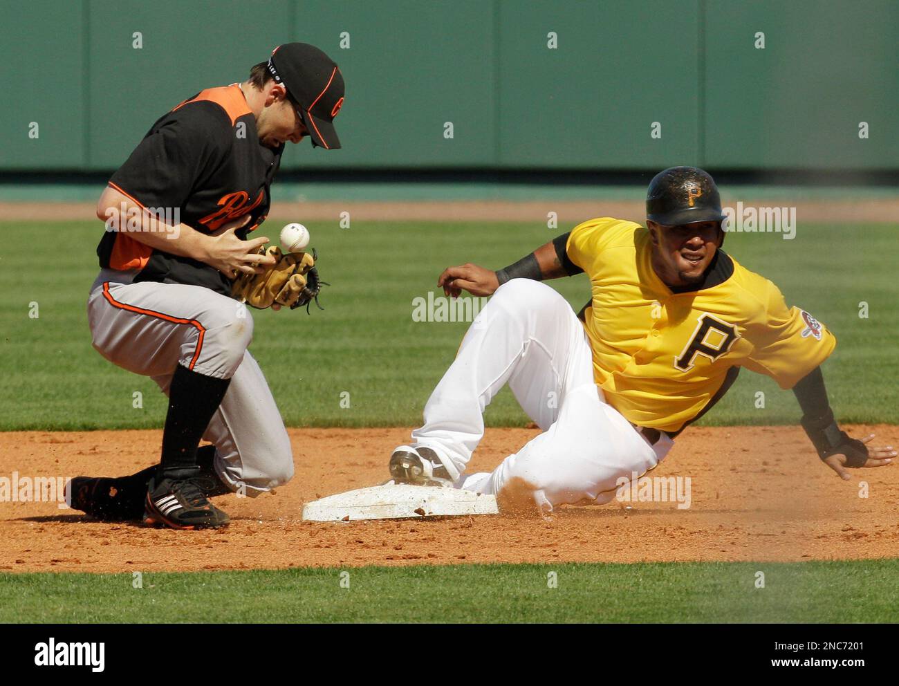 Baltimore Orioles' Brendan Harris, left, and Pittsburgh Pirates' Jose ...