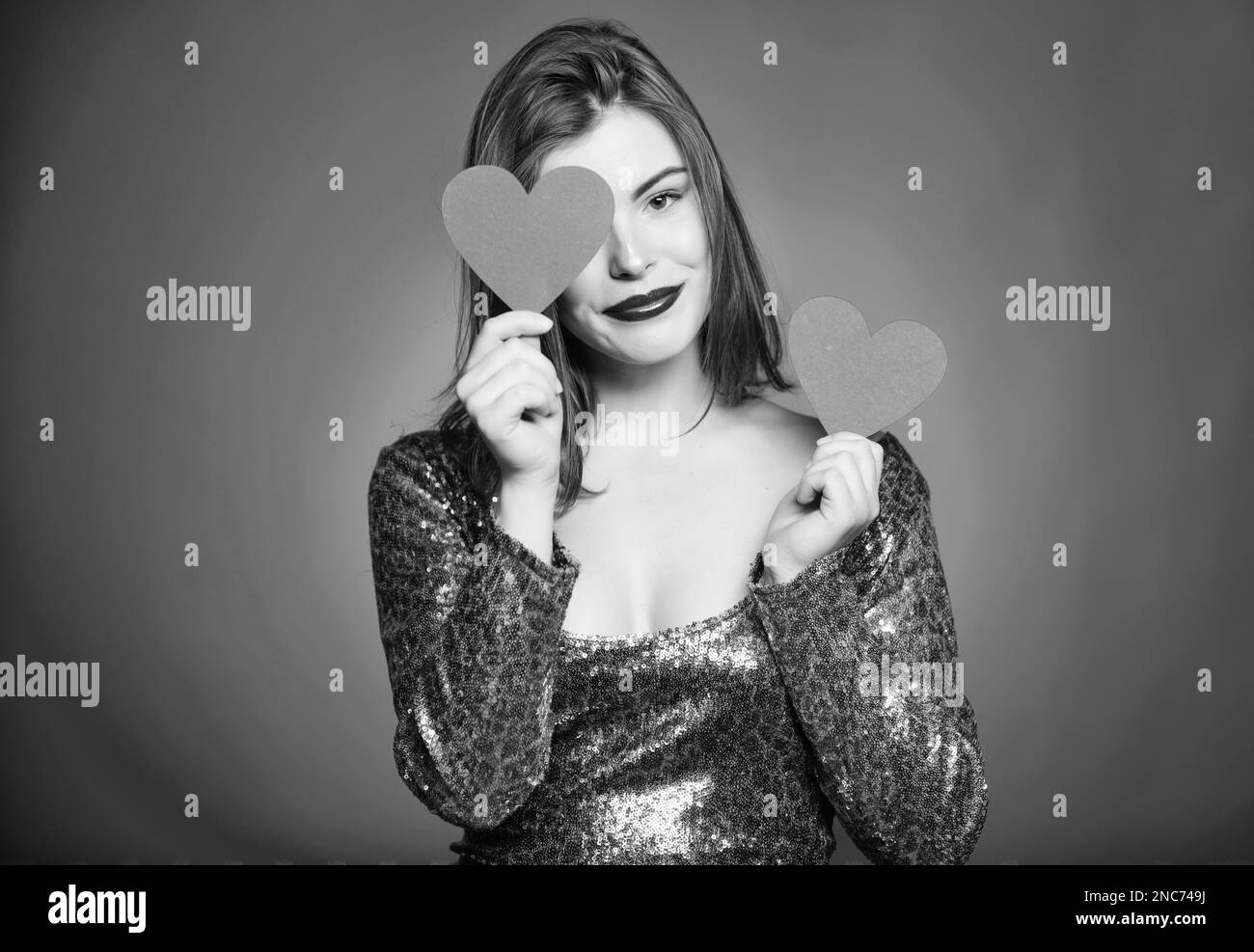 Girl adorable fashion model makeup face hold heart valentines card ...