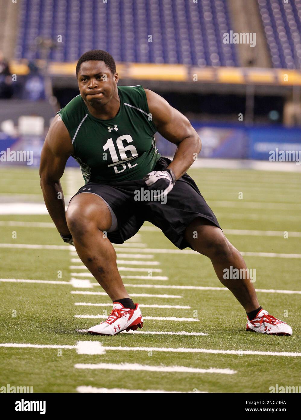 Georgia defensive end Demarcus Dobbs runs a drill at the NFL football ...