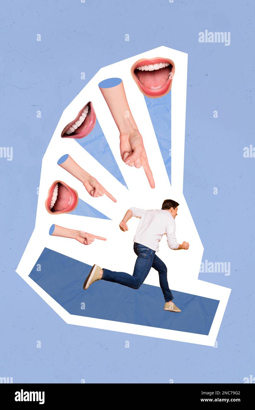 Vertical collage picture of arms point fingers big talking mouth abuse ...