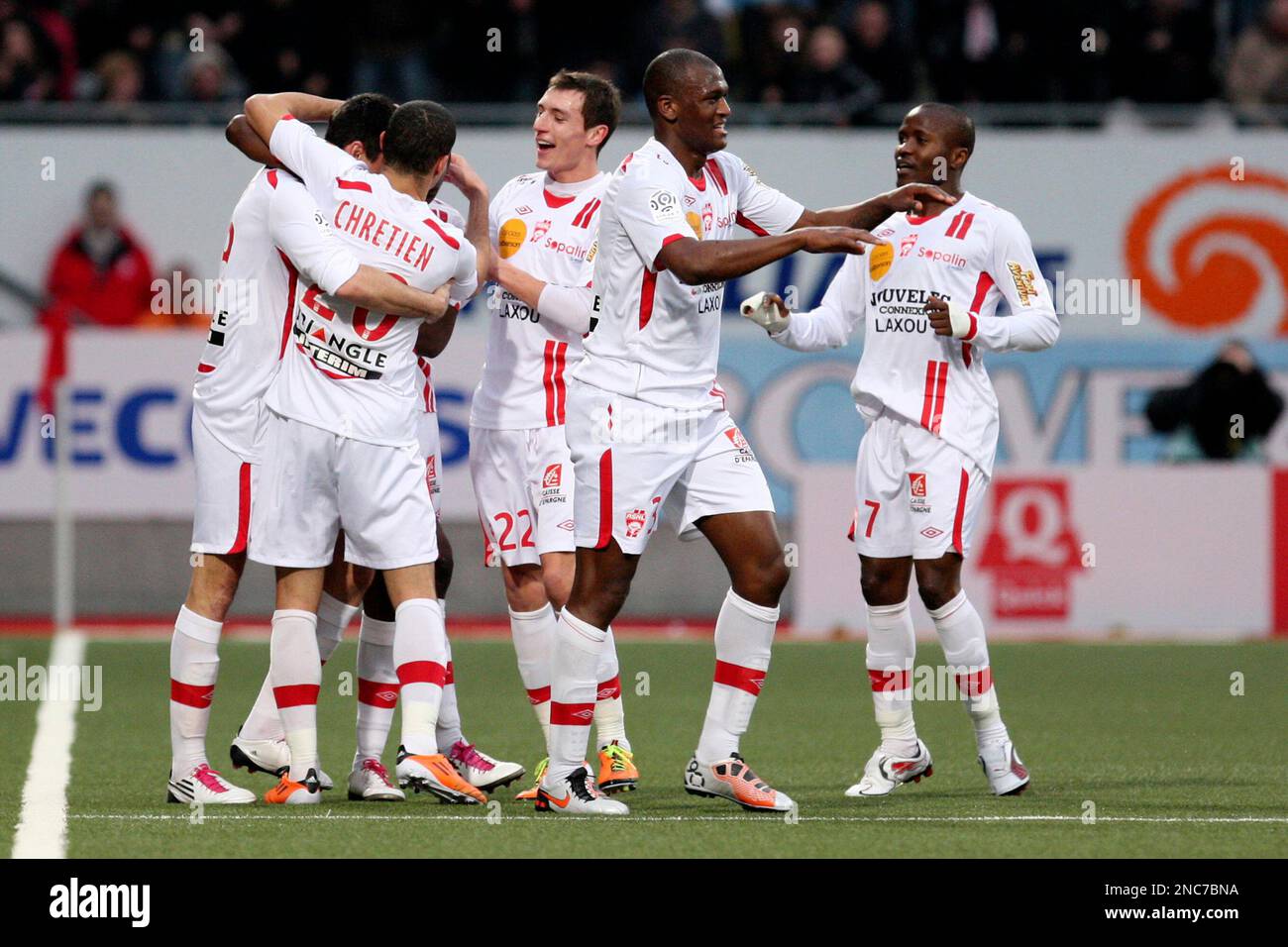 Nancy players celebrate after fellow team member Julien Feret, left ...