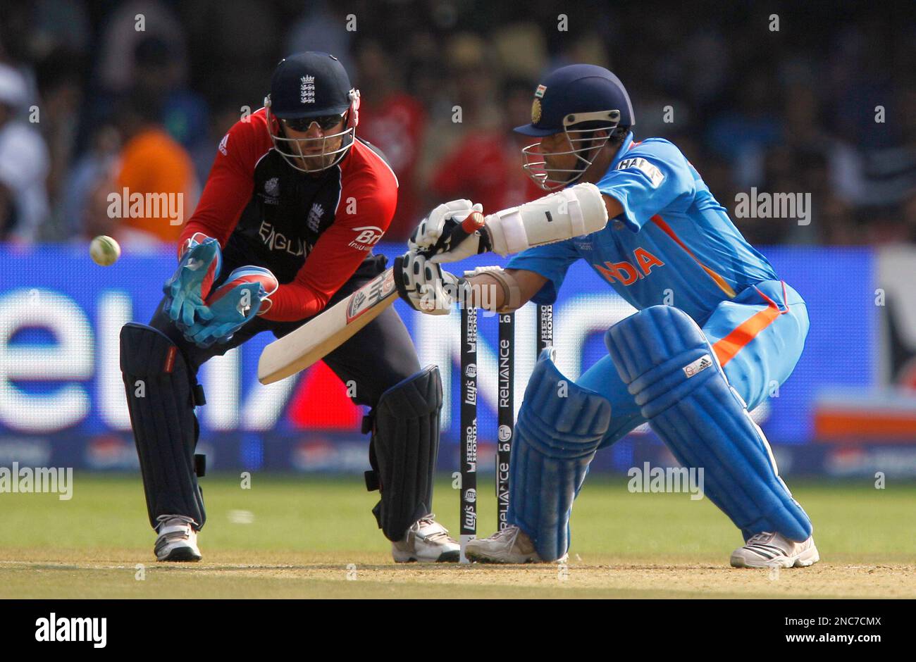 Indian batsman Sachin Tendulkar steers a ball outside off stump as ...