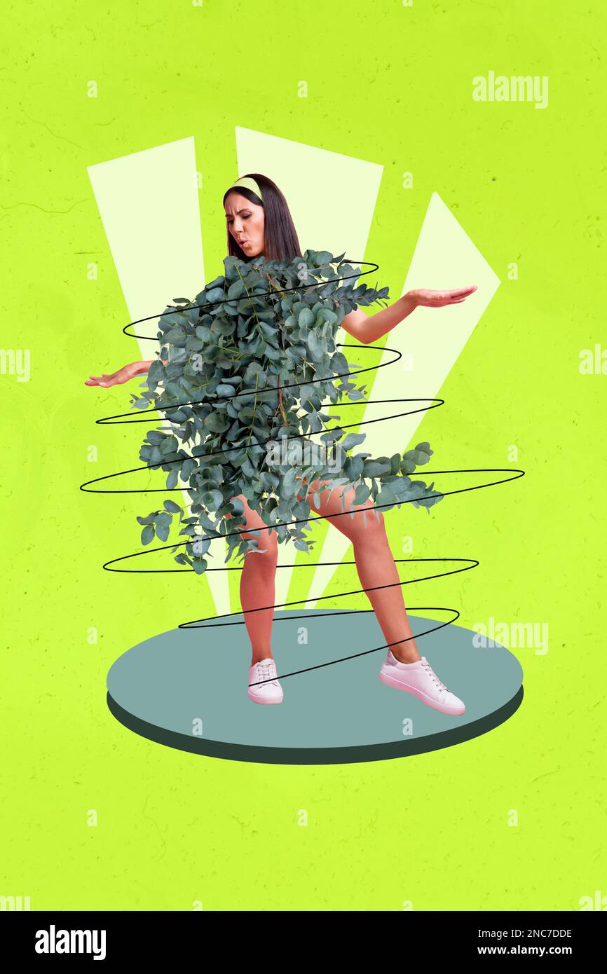 Vertical collage picture of overjoyed girl dancing chilling bush plant ...