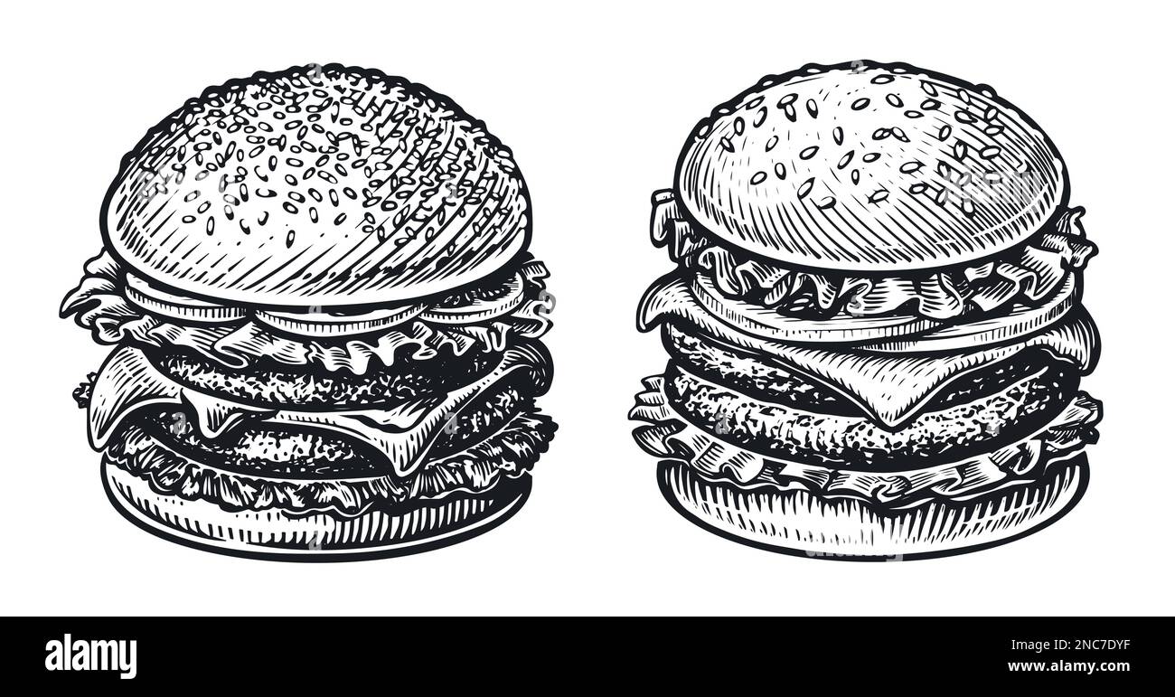 Hand drawn big tasty burger in sketch style. Hamburger, cheeseburger ...