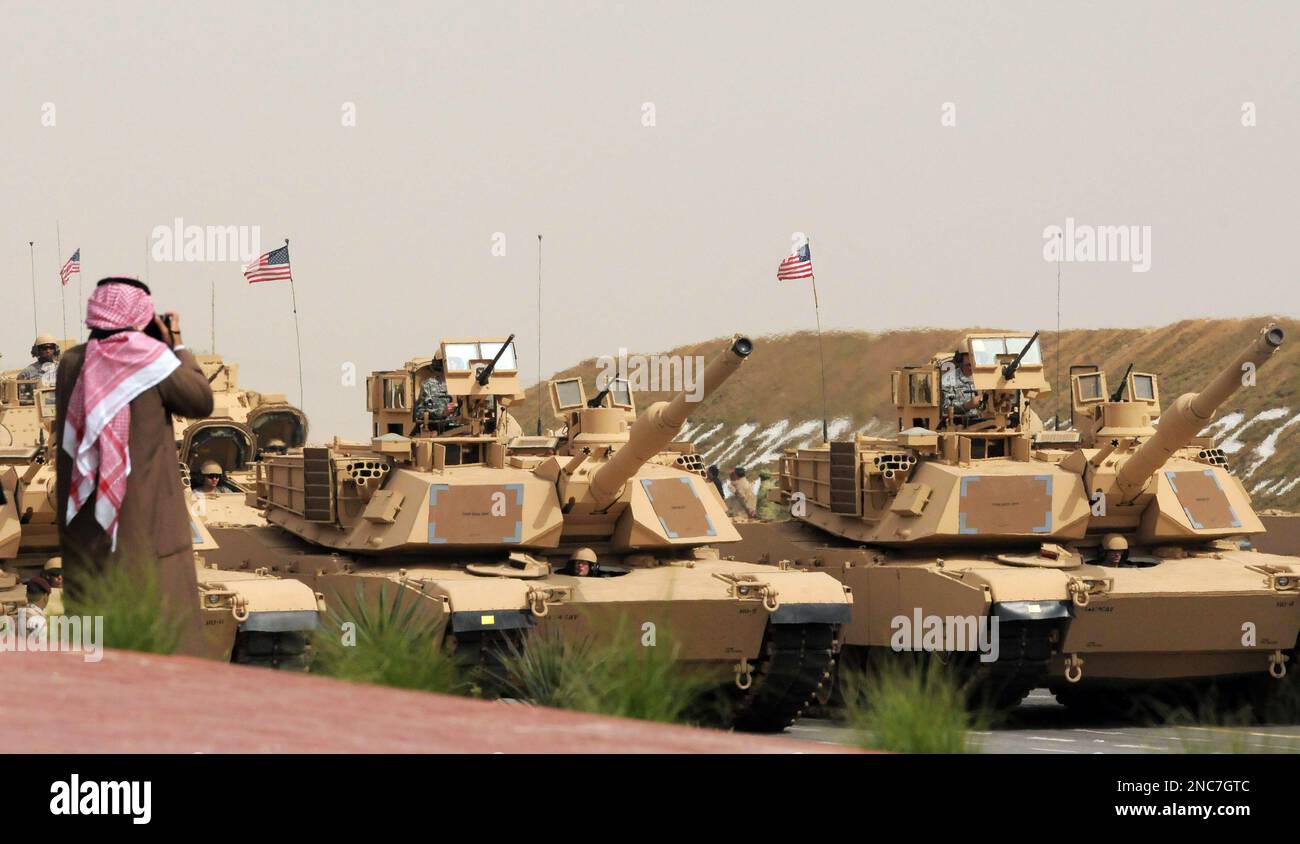 US Army heavy battle tanks are seen during the military parade ...