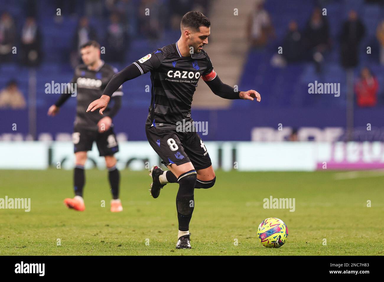Barcelona, Spain. 13/02/2023, Mikel Merino of Real Sociedad in action ...