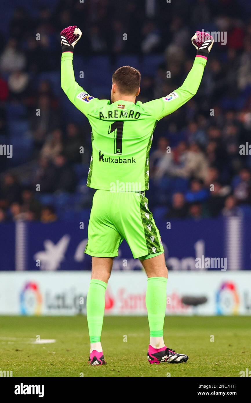 Barcelona, Spain. 13/02/2023, Alex Remiro of Real Sociedad celebrate a ...