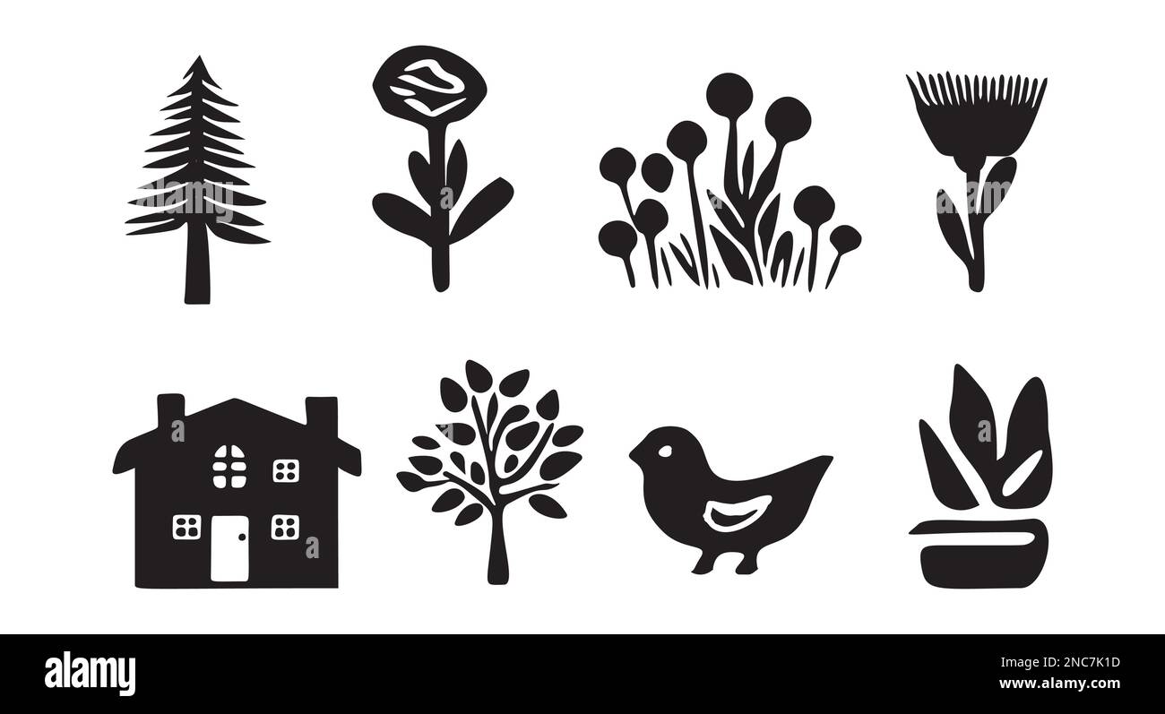 Rustic vector elements for cottage core motif set. House, bird ...