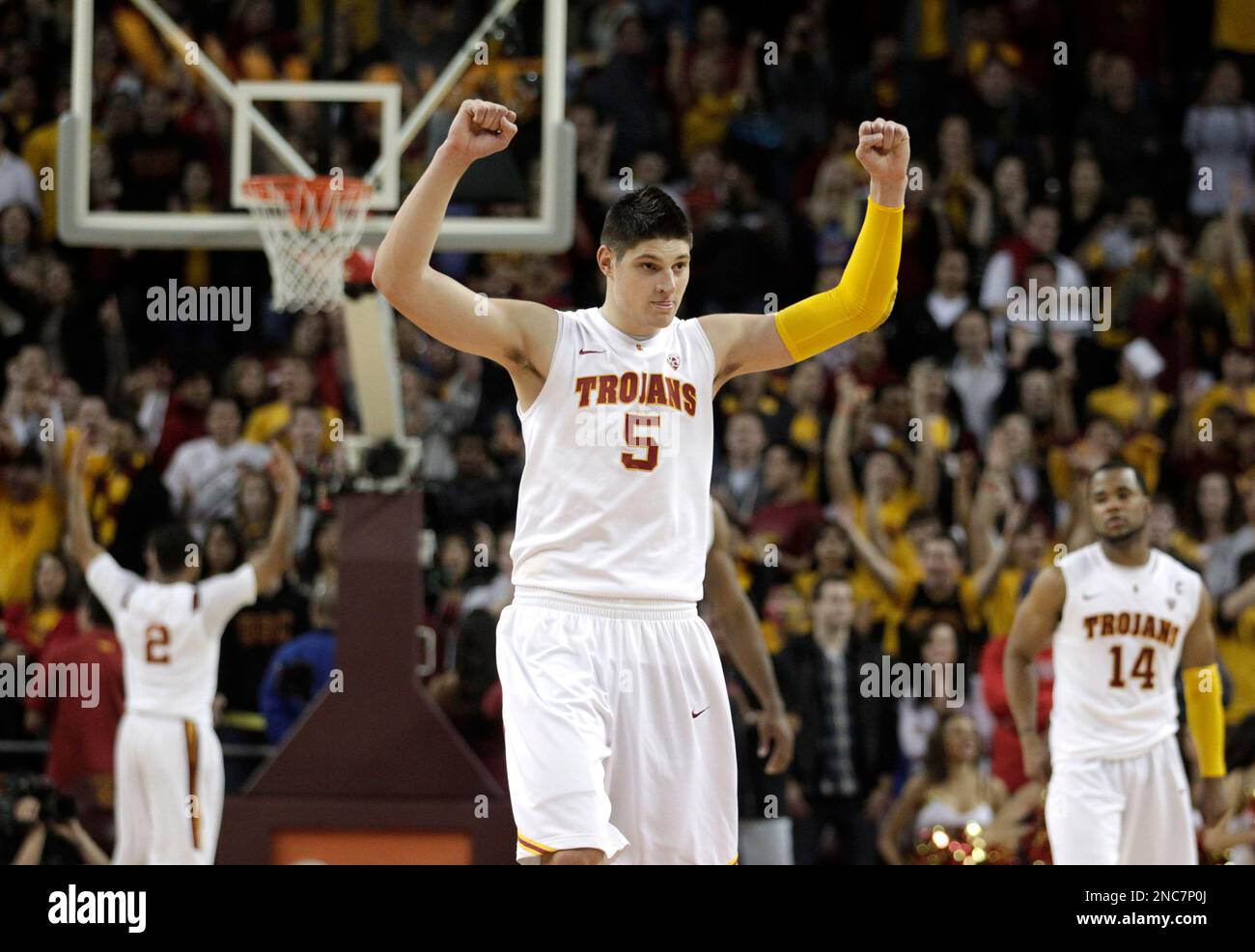 Southern California forward Nikola Vucevic, of Montenegro, celebrates ...