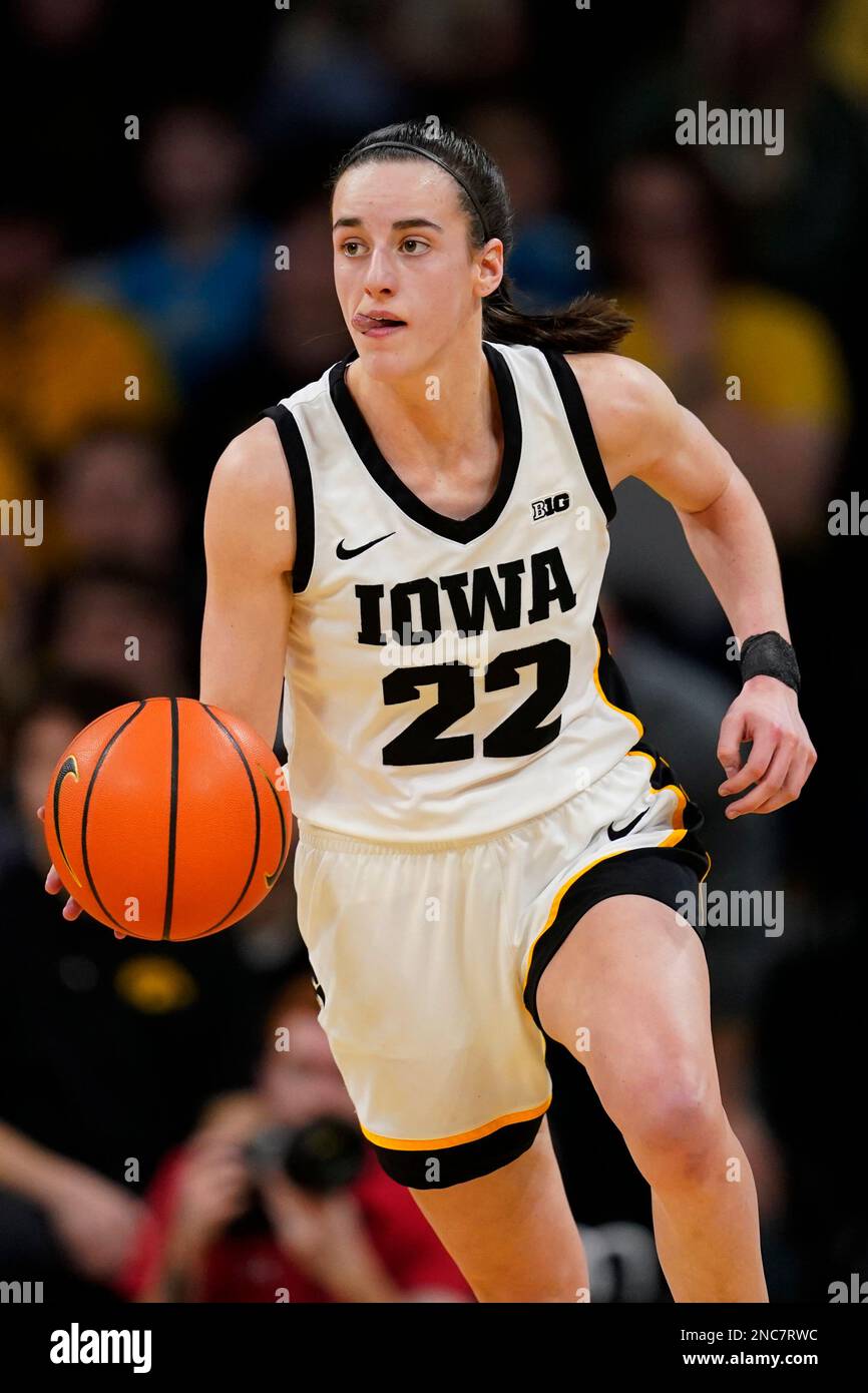 Iowa guard Caitlin Clark drives up court during the second half of an ...