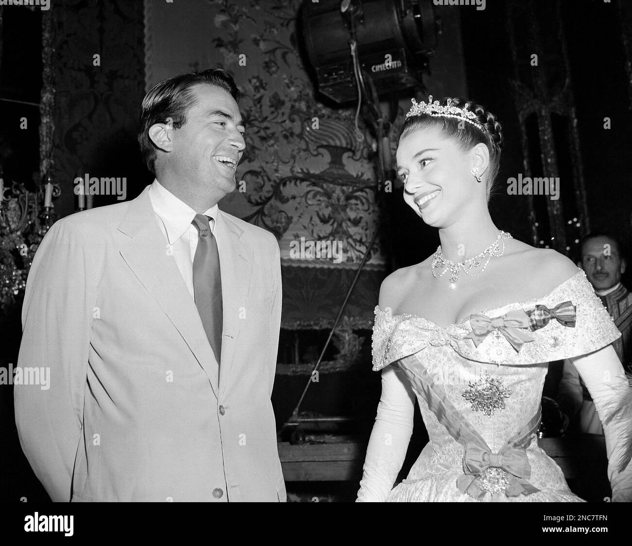 Hollywood actor Gregory Peck jokes with Belgian-born British actress ...