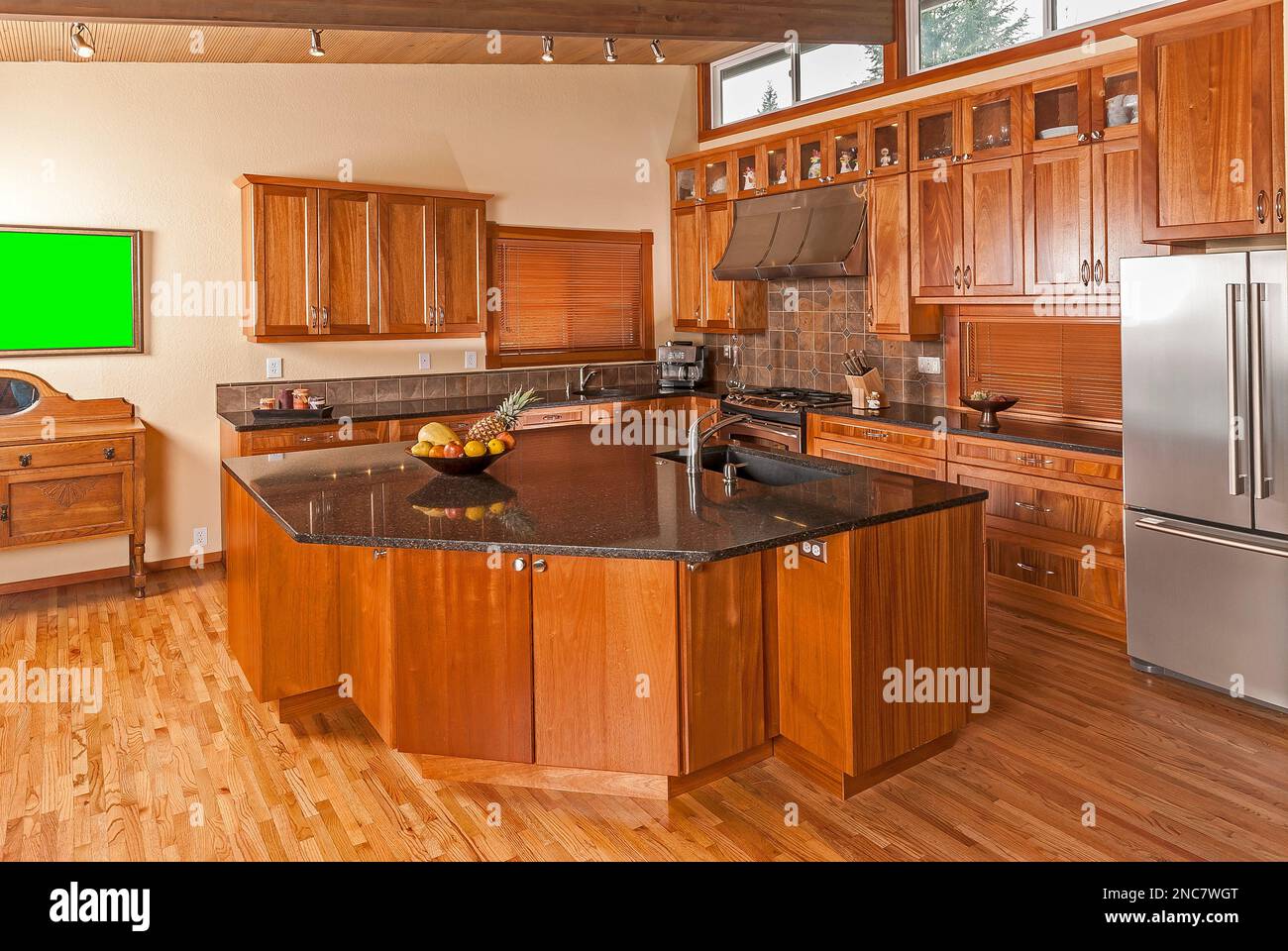 Remodeled kitchen with lots of cabinets and counterspace. The picture ...