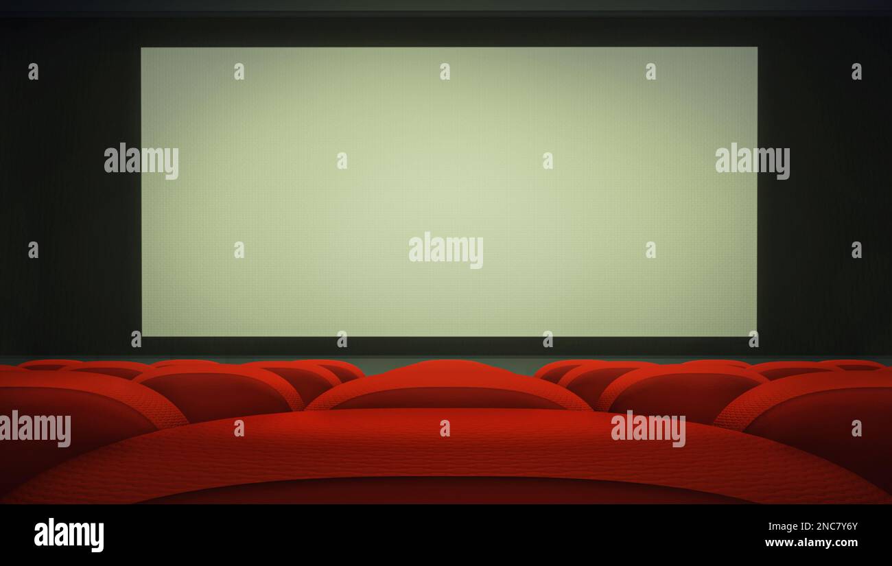 Cinema theater. Empty with red seats, and a blank screen. A 3D ...