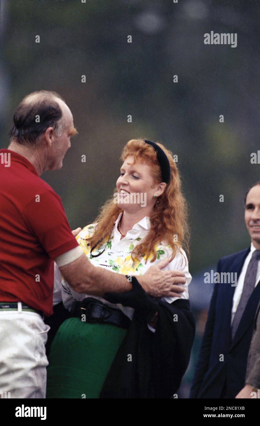 The Duchess of York, Sarah Ferguson, is greeted by her father Major ...