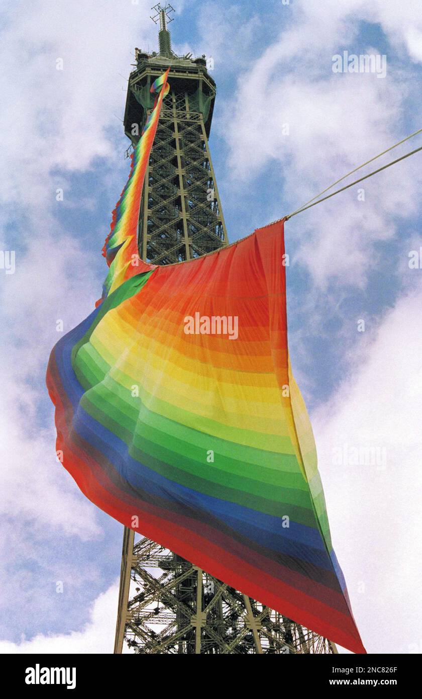 A 300-meter long rainbow colored banner painted by Japanese artist Ay-O ...